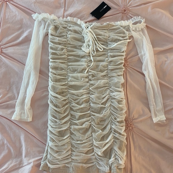 Fashion Nova | Dresses | White Mesh Off The Shoulder Ruched Dress Tan ...